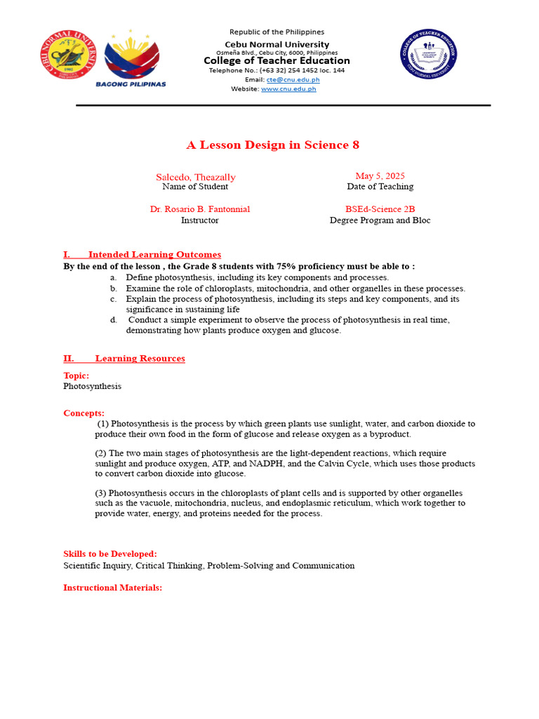 Photosynthesis Lesson Plan for Grade 8 | PDF | Photosynthesis | Chloroplast