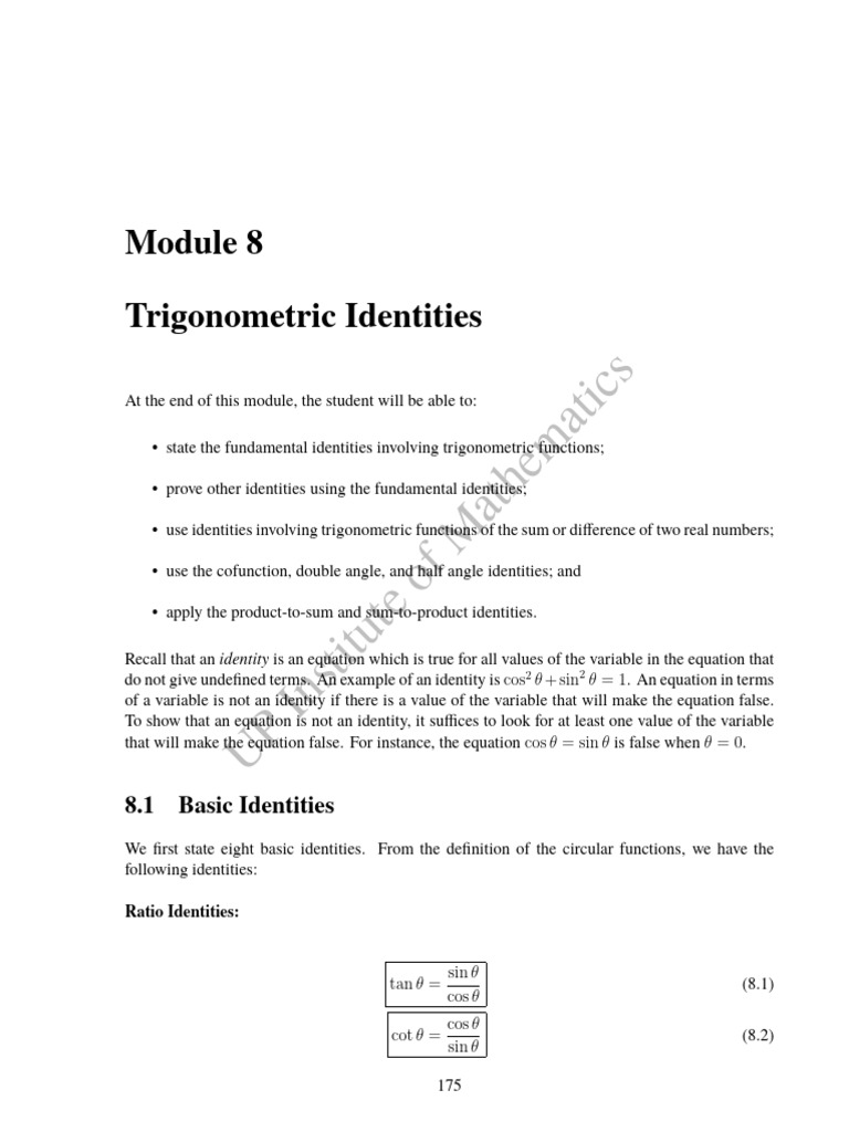 Module 8 - Trigonometric Identities | PDF | Trigonometric Functions ...