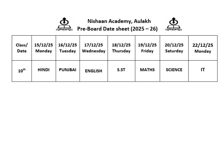 Nishaan Academy Pre-Board Dates 2025-26 | PDF