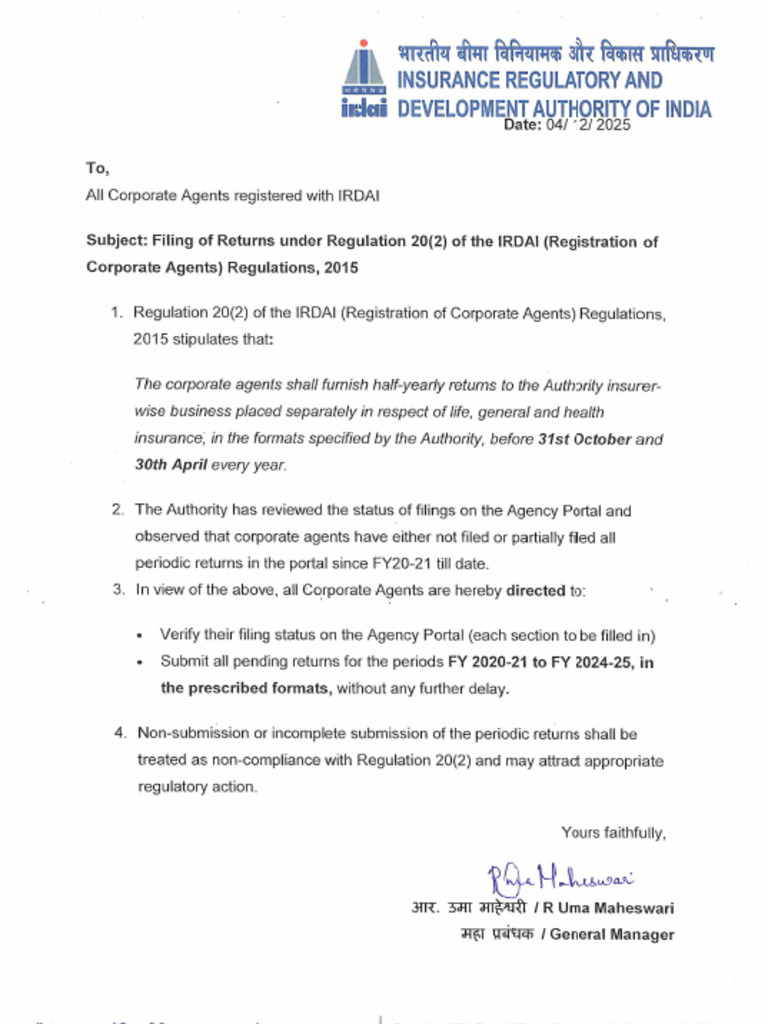 IMPORTANT - Filing of Returns Under Reg 20.2 of IRDAI (Registration of ...