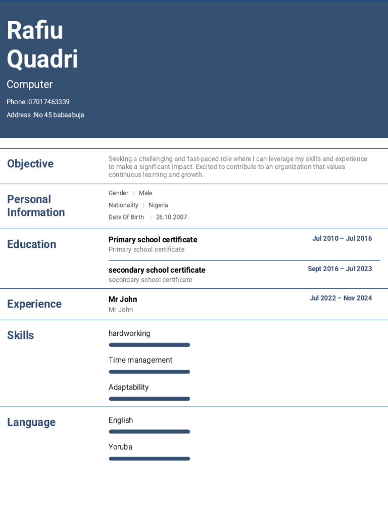 Rafiu Quadri's Educational Background and Skills | PDF