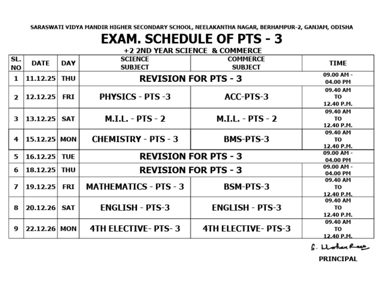 PTS - 3 EXAM Time Table - 2nd Year SC and Com - 2025 | PDF