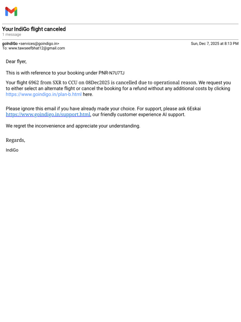 Gmail - Your IndiGo Flight Canceled | PDF