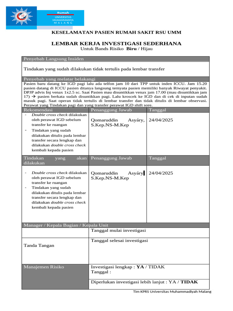 Investigasi Keselamatan Pasien RSU UMM | PDF