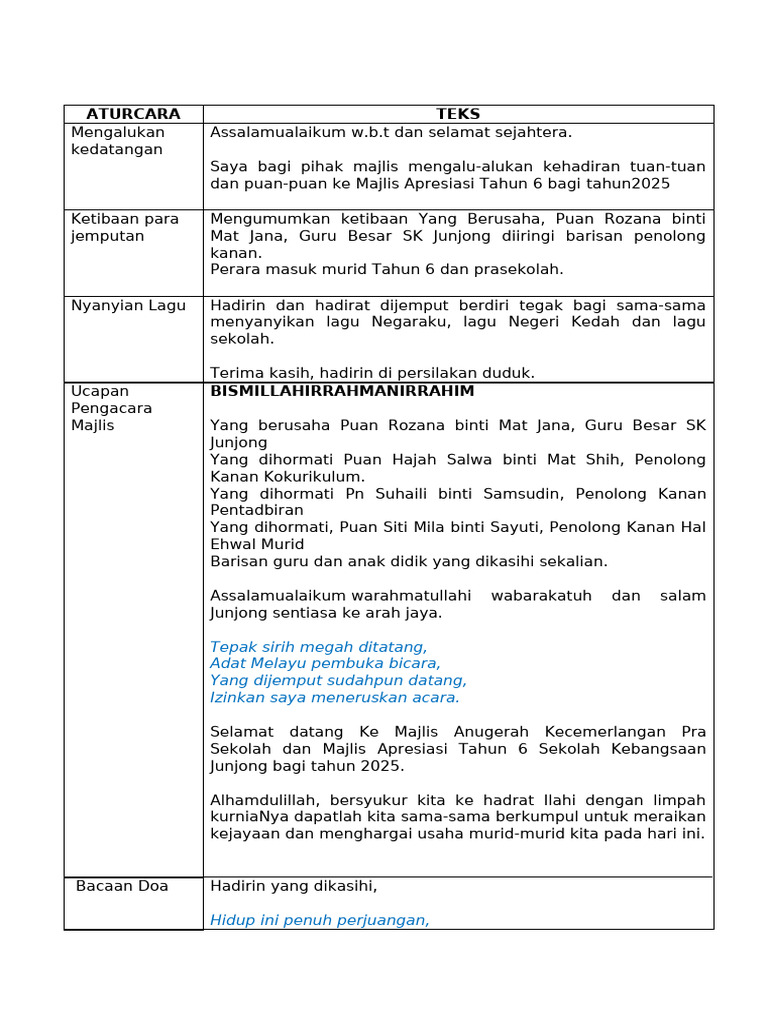Teks Majlis Graduasi Tahun 6 | PDF