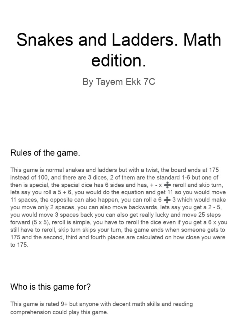 Snakes and Ladders. Math Edition. | PDF