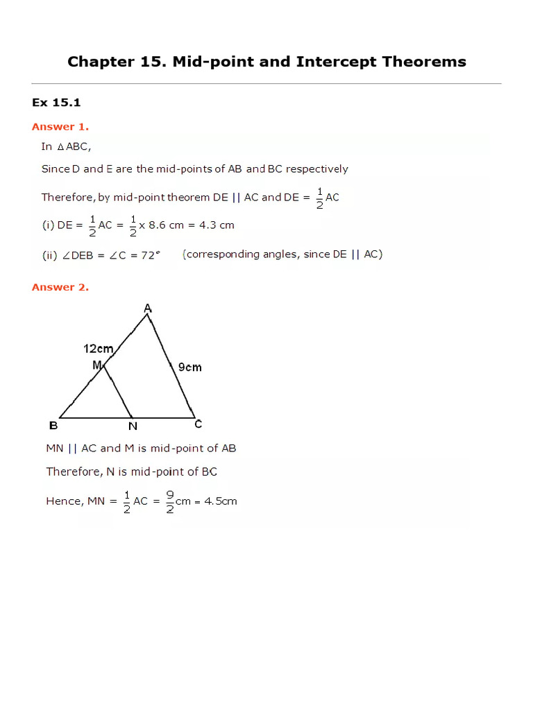 Chapter 15. Mid-Point and Intercept Theorems: Answer 1 | PDF