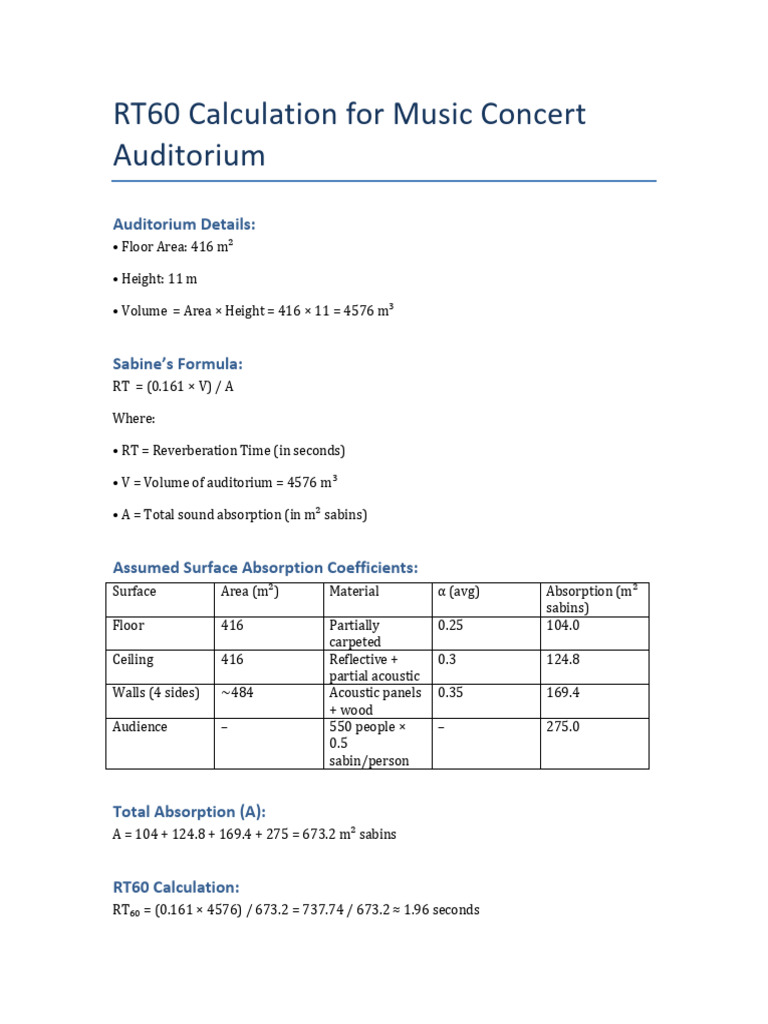 RT60 Calculation For Music Concert Auditorium | PDF