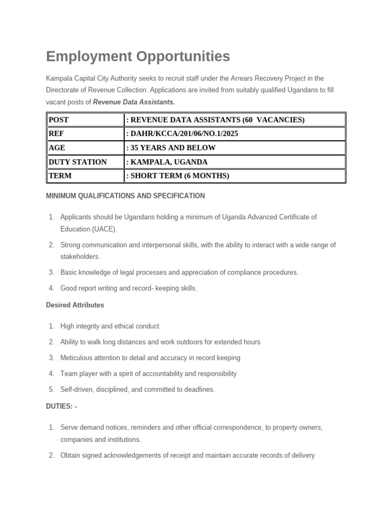 KCCA Revenue Data Assistants Jobs | PDF