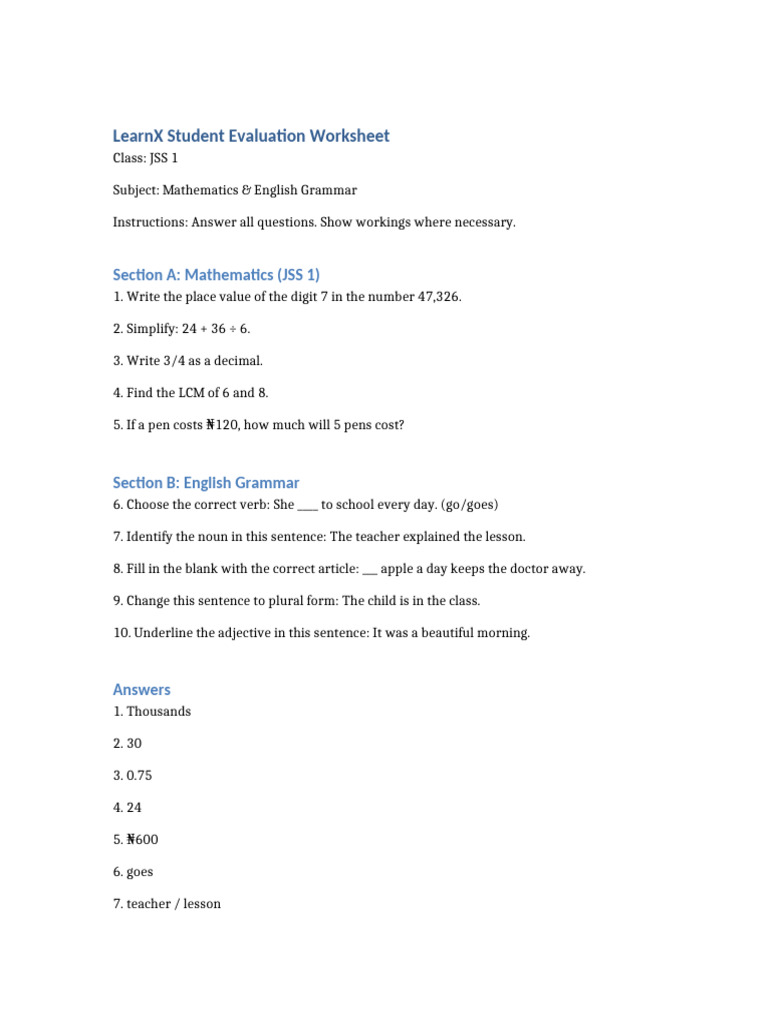 LearnX JSS1 Evaluation Worksheet | PDF