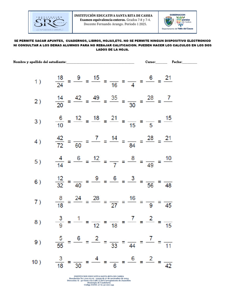 Examen 3 de Equivalencia de Fracciones Grado 7 2025 | PDF