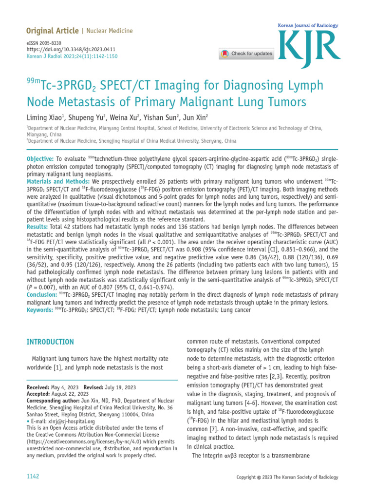 99mTc-3PRGD2 SPECTCT Imaging For Diagnosing Lymph Node Metastasis of ...