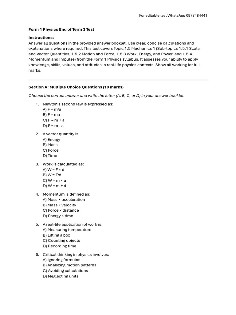Form 1 Physics End of Term Test | PDF | Force | Momentum