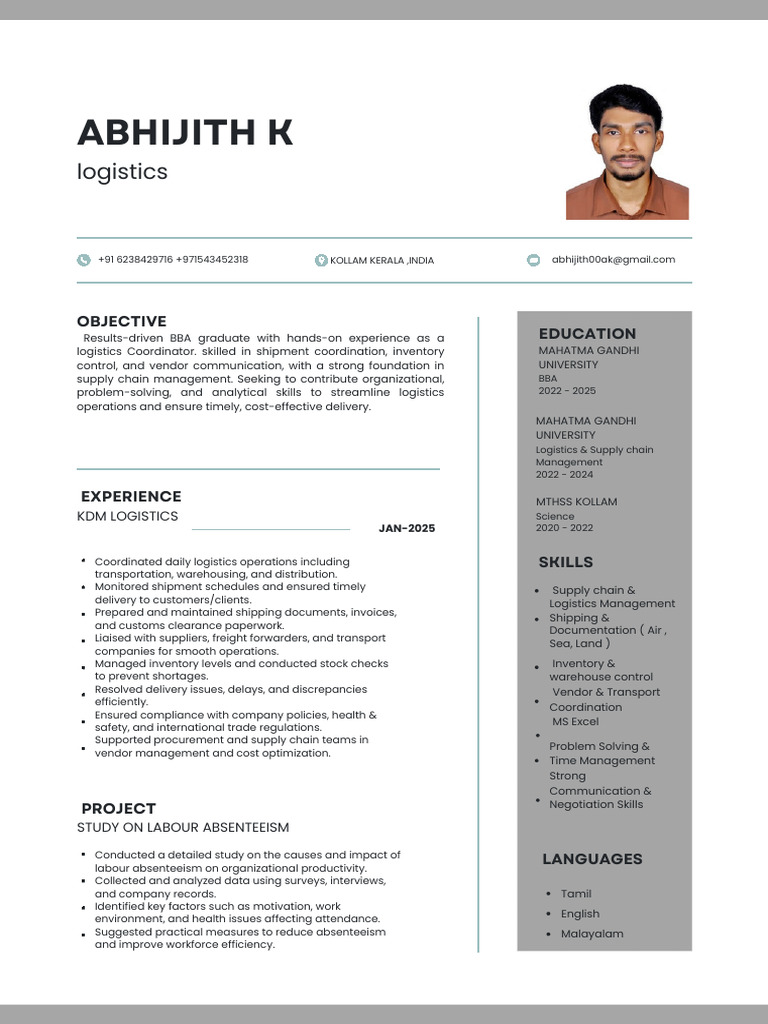 Abhijith k A4 Resume.pdf_20251118_174345_0000 | PDF | Logistics | Supply Chain