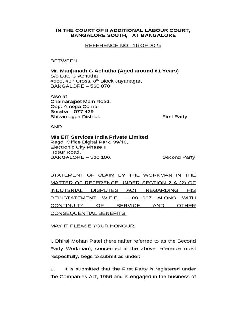 Labour Court Claim for Reinstatement | PDF | Justice | Crime & Violence