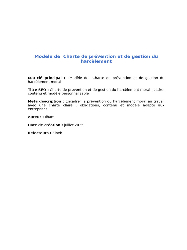 Modèle de charte anti-harcèlement moral | PDF