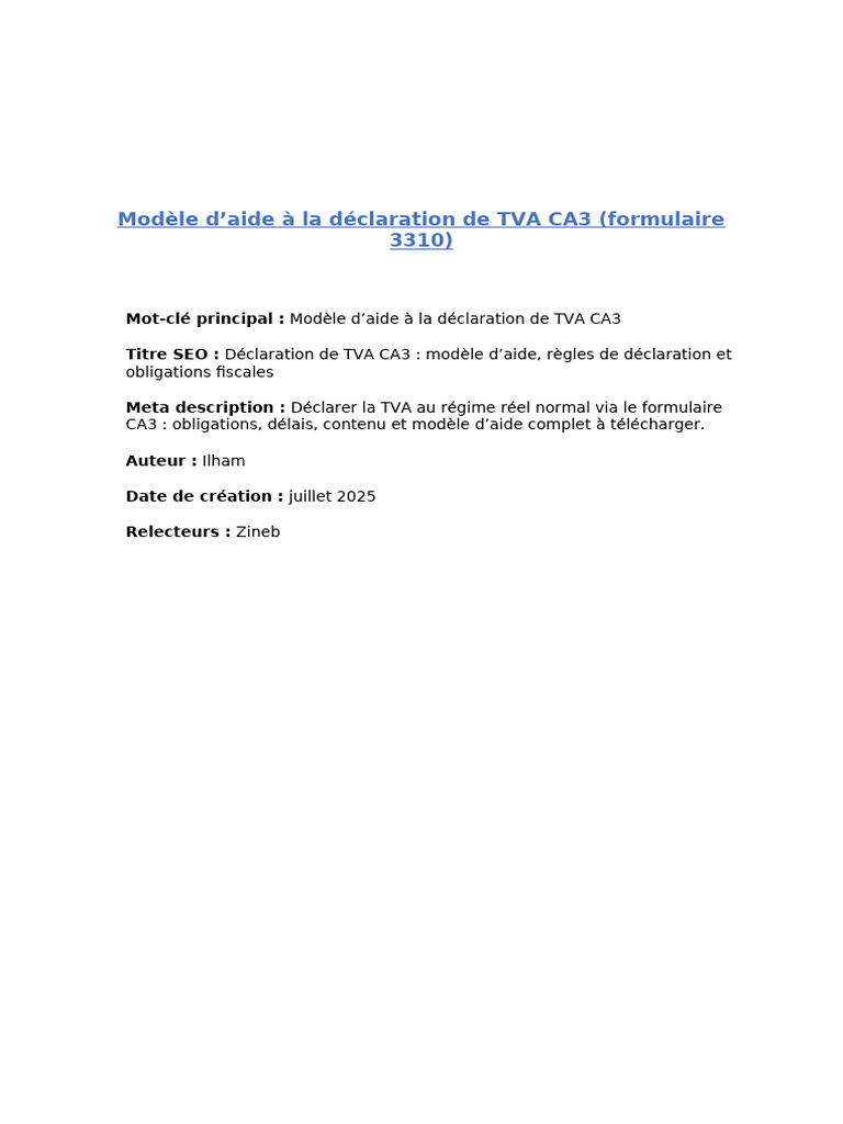 Modèle d’aide déclaration TVA CA3 | PDF