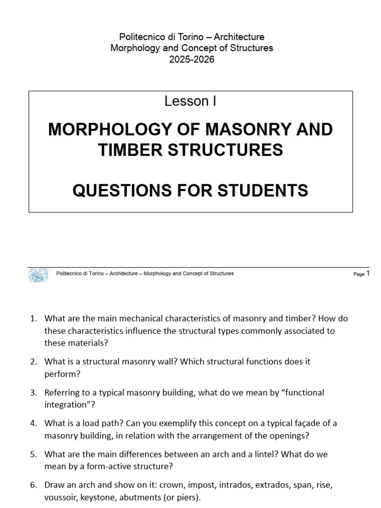 1.1 Morphology - Masonry and Timber - Questions For Students (33960082 ...