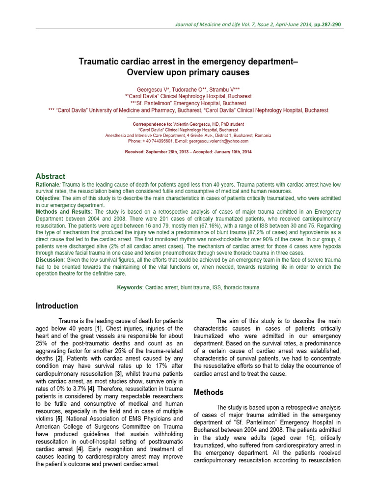 Traumatic cardiac arrest in the emergency department - Overview upon ...