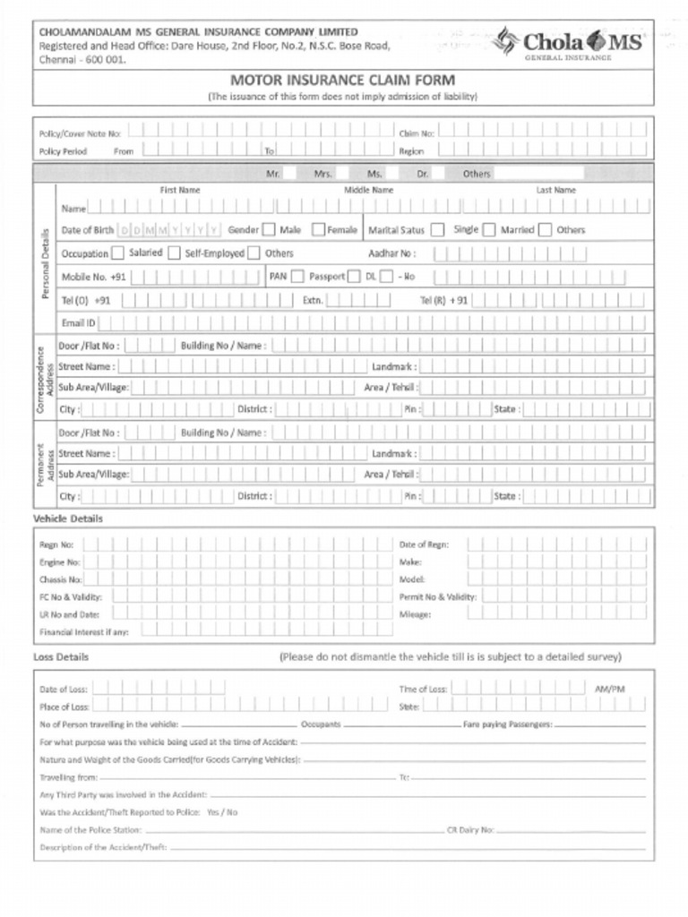Motor Claim Form | PDF