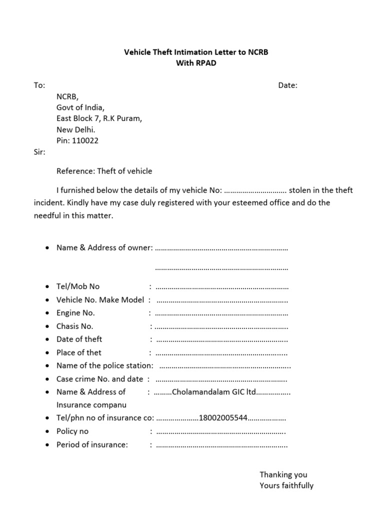 Vehicle Theft Report to NCRB | PDF