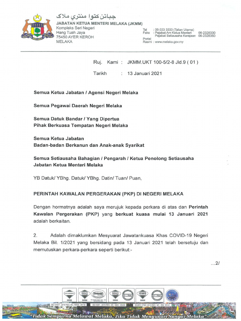 Perintah Kawalan Pergerakan Di Negeri Melaka - Pkp 2.0 Melaka | PDF