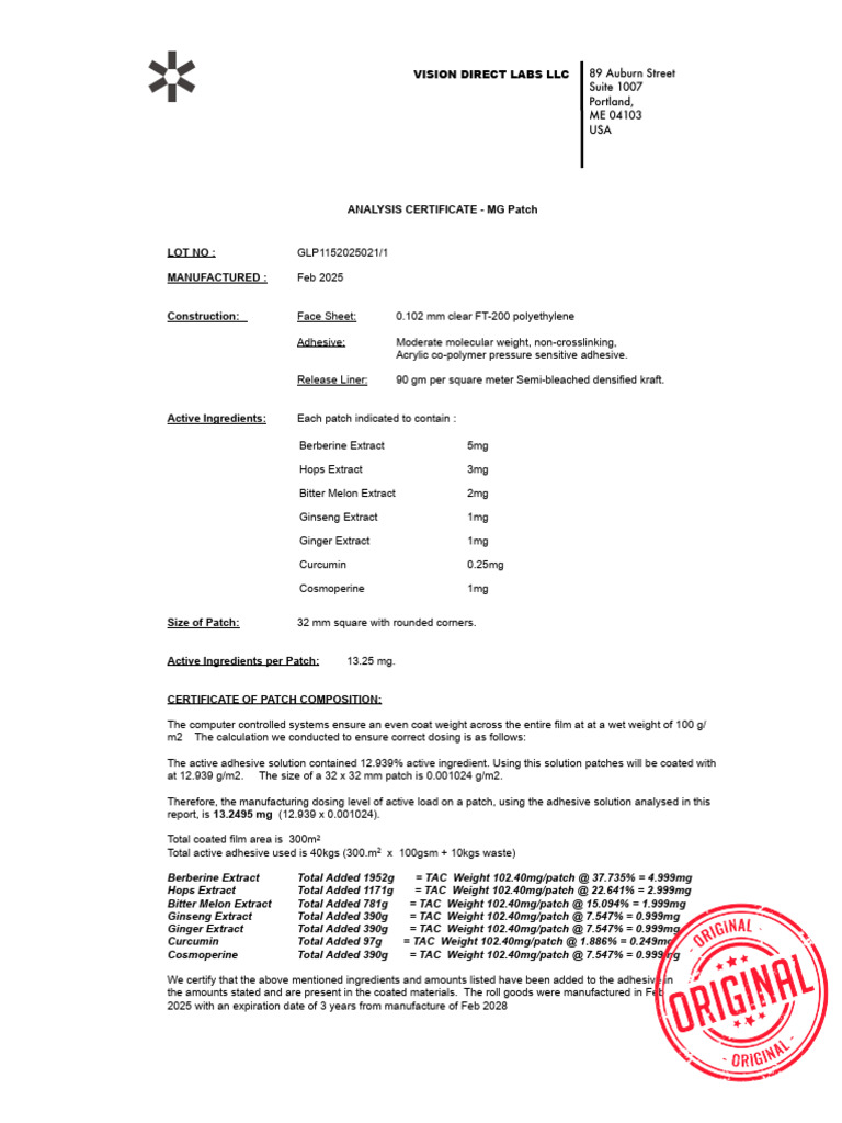 Analysis Certificate GLP-1 Patch for General | PDF | Materials ...