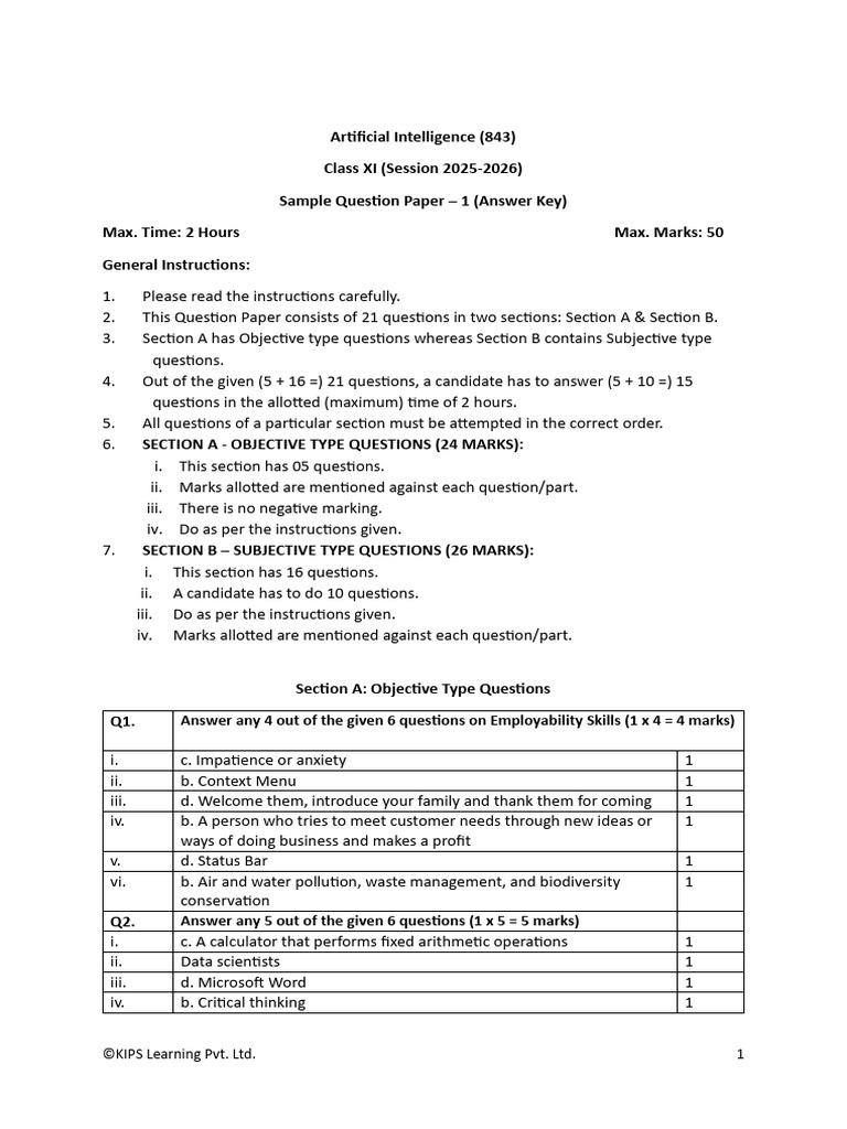 AI_11_Sample_Paper_1_Answer_Key | PDF | Cluster Analysis | Mean