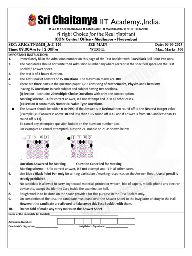 06-09-2025_AP,KA,TN&MH_Jr.C-120_Jee-Main_WTM-11_Q.Paper | PDF | Gases ...