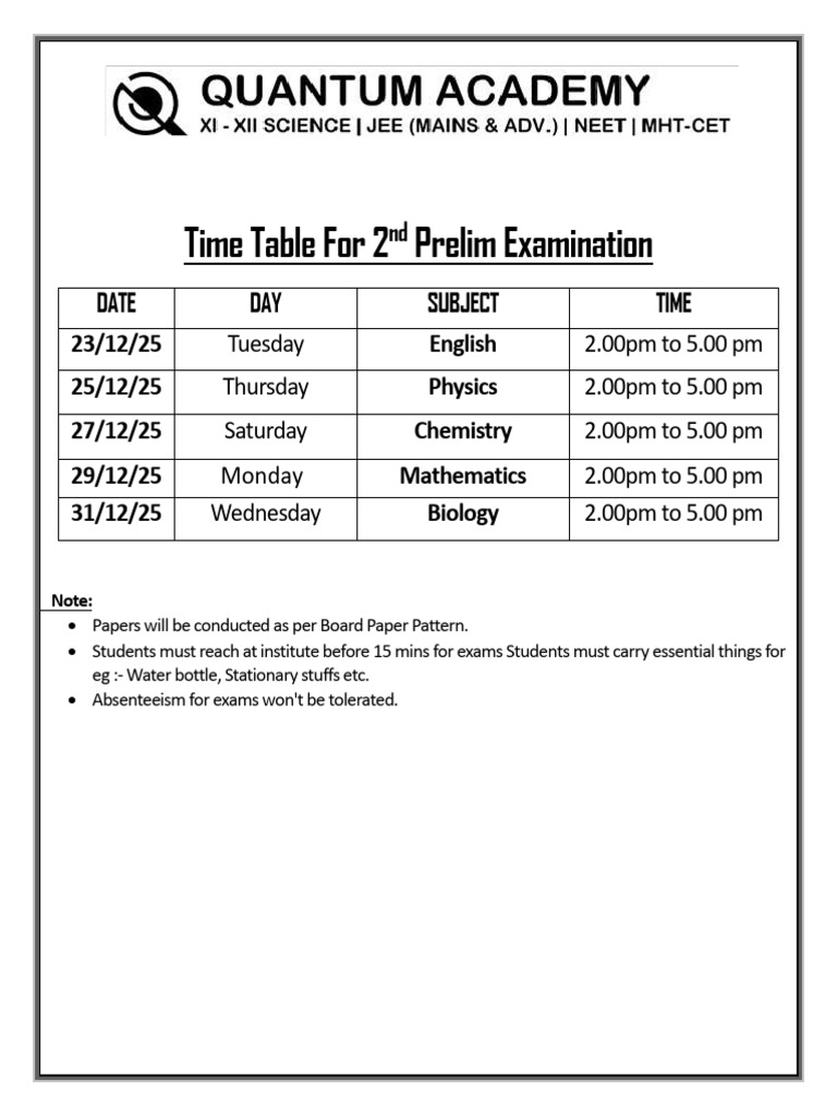 2nd Prelim Examination Time Table 2025 | PDF