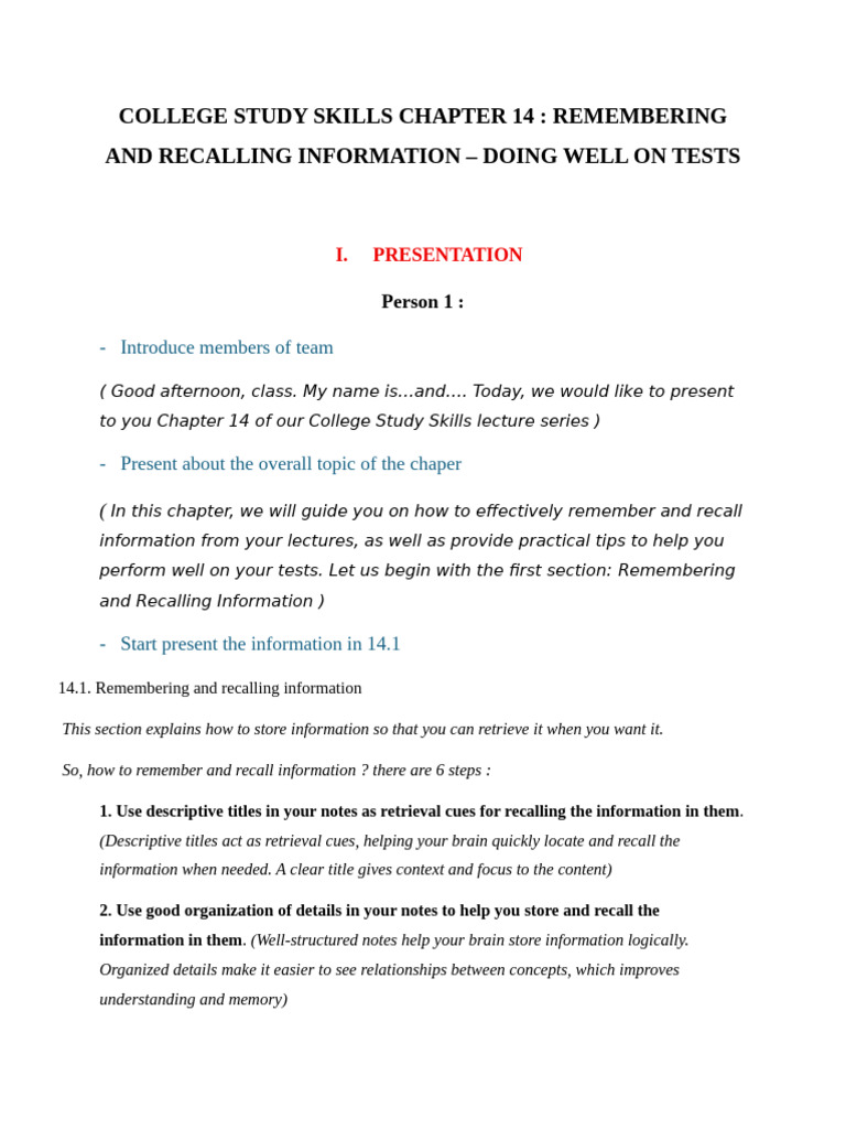 Chapter-14 Presentation | PDF | Recall (Memory) | Study Skills