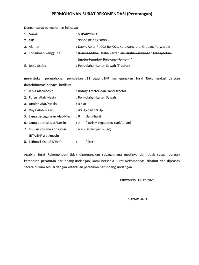 Surat Permohonan Rekom BBM Solar | PDF