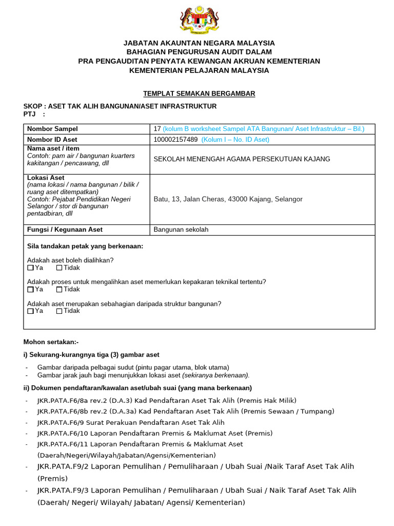Template Atab Dan Aset Infra - Contoh Pengisian | PDF