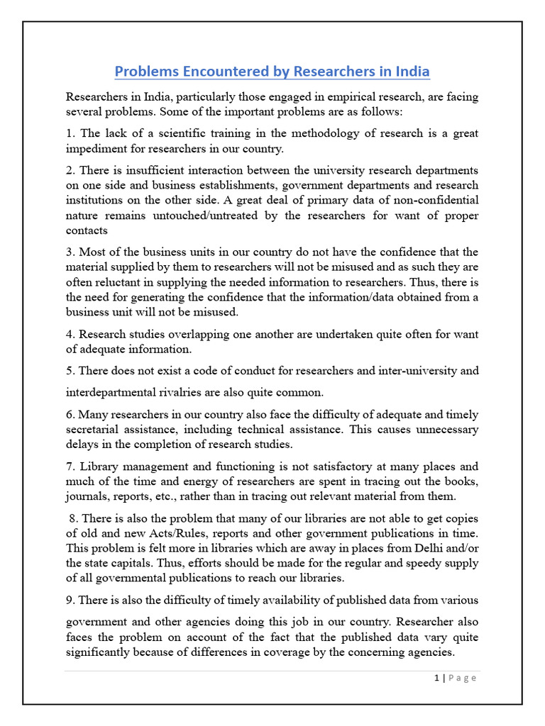 Problems Encountered by Researchers in India | PDF | Methodology | Learning