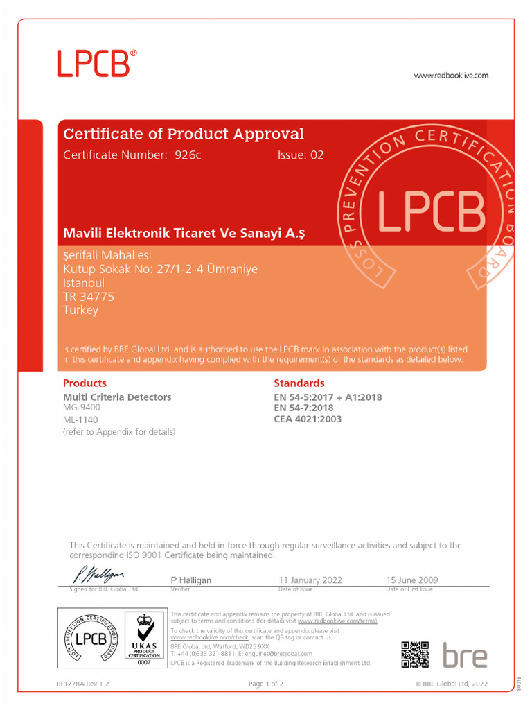 MM - SRF.LPCB.003 - 1 MG-9400 ML-1140 Detector LPCB Certificate | PDF