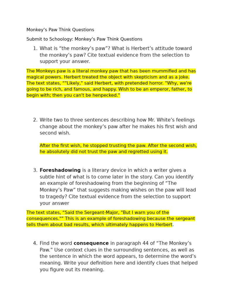 Monkey's Paw Discussion Questions | PDF