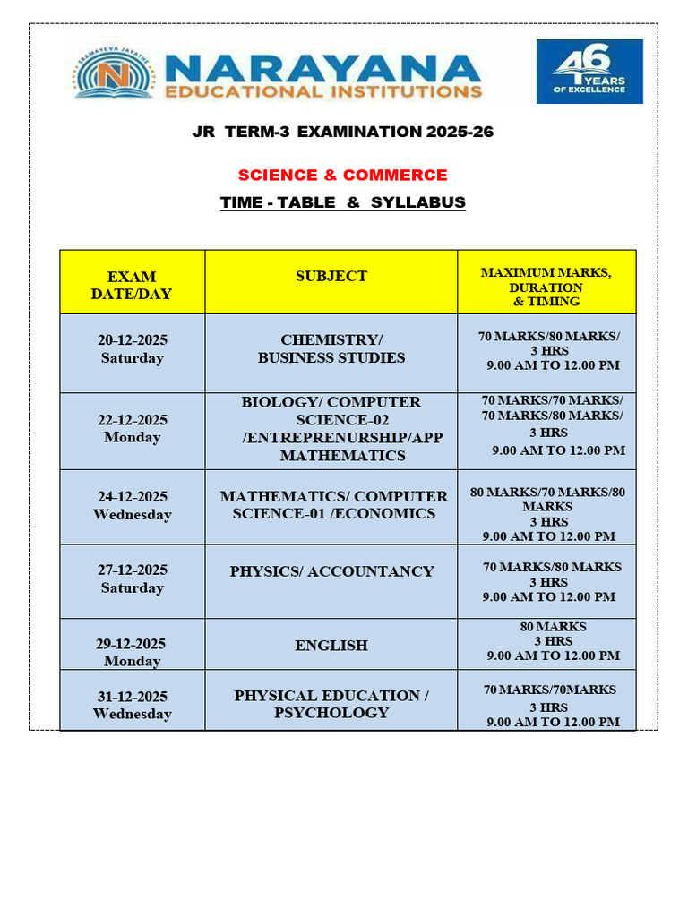 JR TERM- 3 TIMETABLE 2025-26 UPDATED | PDF | Solubility | Applied And ...