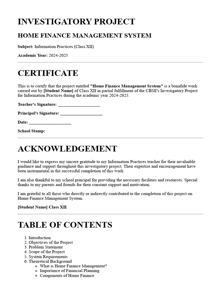 Home Finance Management Investigatory Project Class12 | PDF | Databases ...