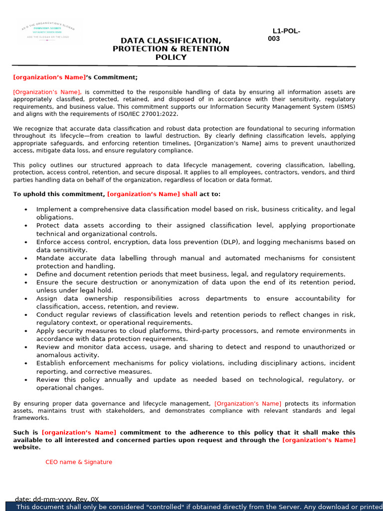 L1-POL-003 - Data Classification, Protection and Retention Policy | PDF ...