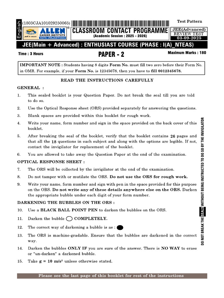 JEE Advanced Part Test-3_QP | PDF | Physics