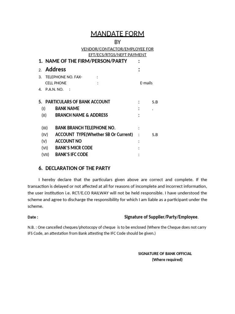 Mandate Form. | PDF