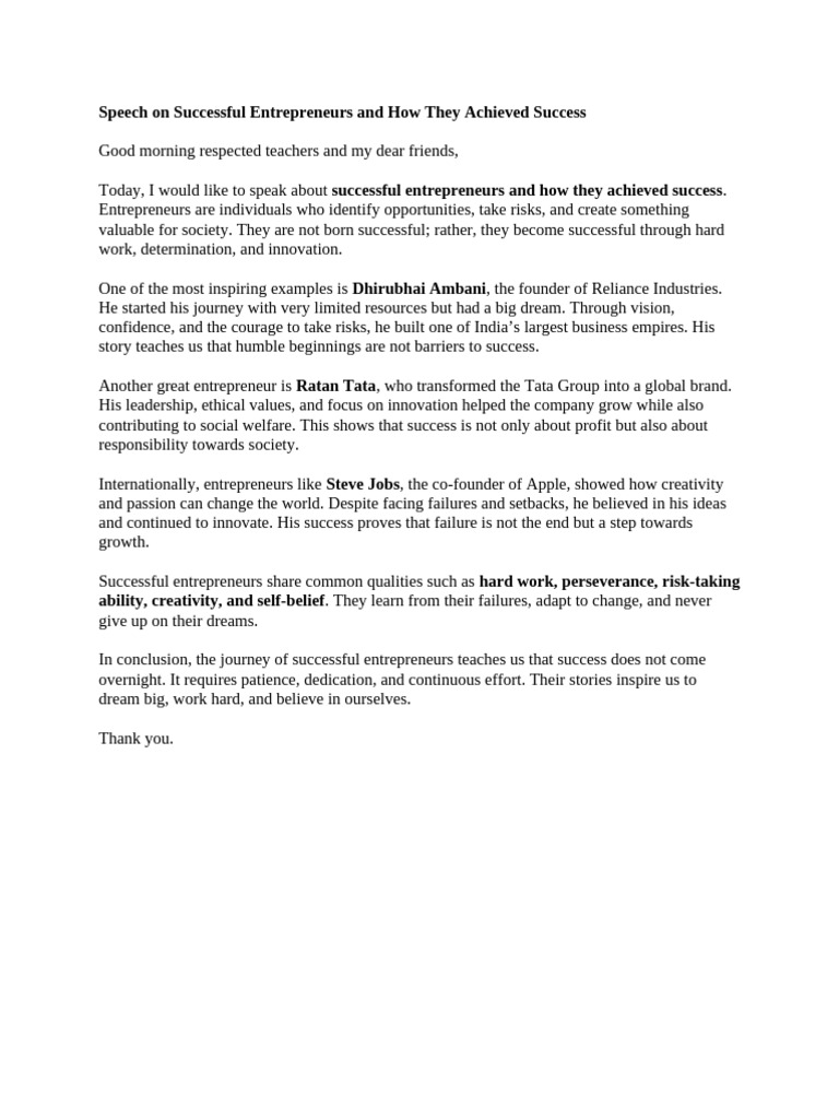 Speech On Successful Entrepreneurs and How They Achieved Success | PDF