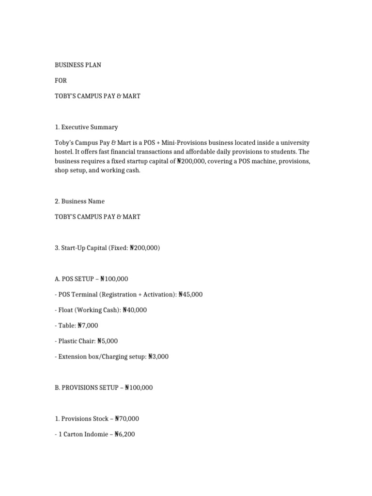 Toby's Campus Pay & Mart Business Plan | PDF