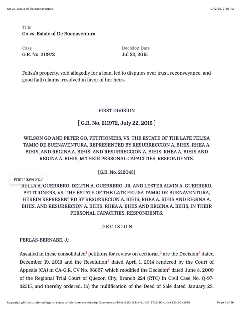 Go vs. Estate of de Buenaventura | PDF | Property | Deed