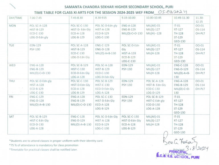 Time Table For Class-xi-Arts W.E.F. 05.08.2024 | PDF