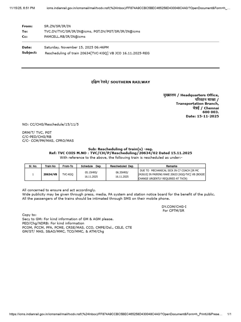Train 20634 Rescheduling Notice | PDF