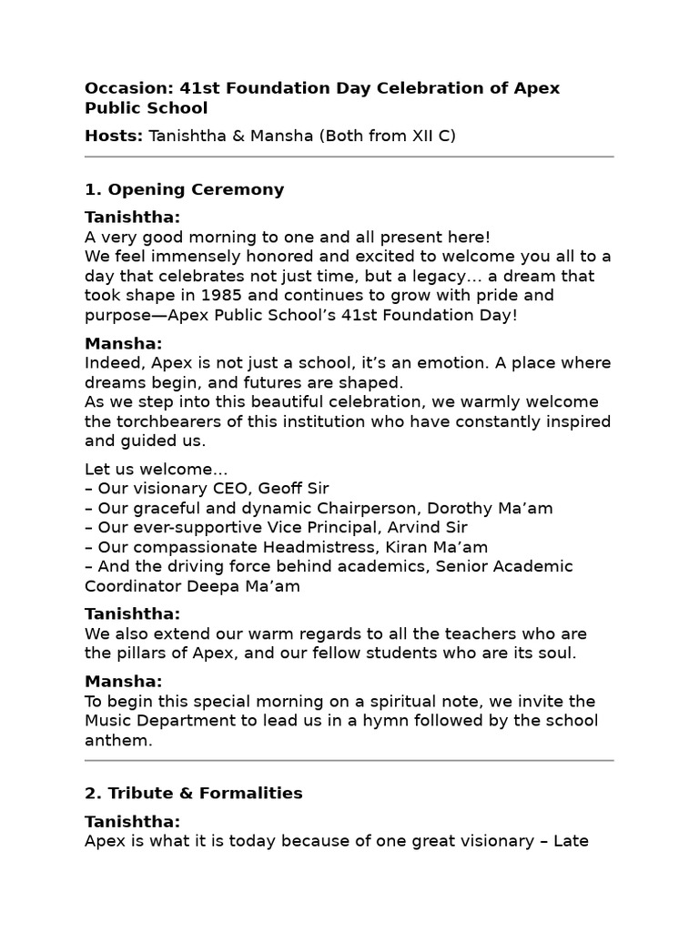 41st Foundation Day Script for Tanishtha and Mansha by Himanshu Singh | PDF