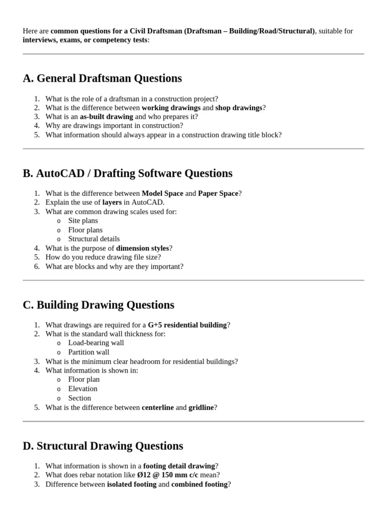 Civil Draftsman Interview Questions Guide | PDF | Technical Drawing ...