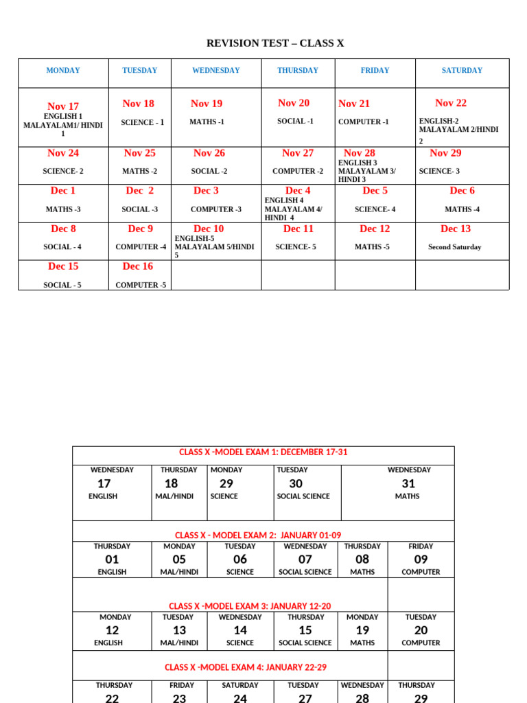 Class X Revision Test Schedule | PDF