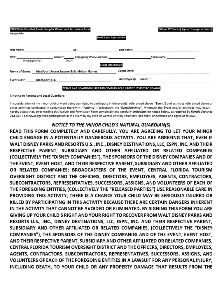 ESPN Sports Complex Waiver Form | PDF | Arbitration | Indemnity